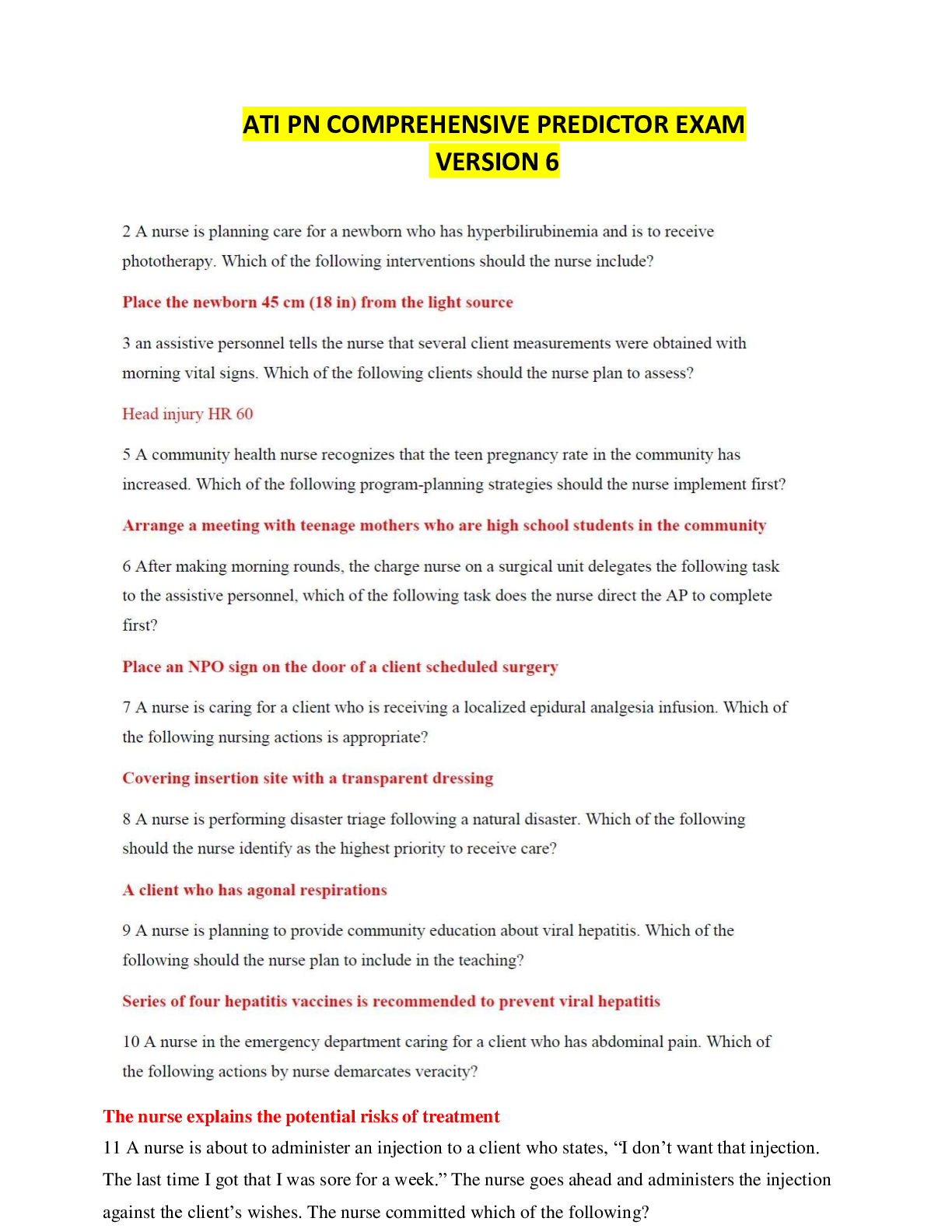 ATI PN Comprehensive Predictor Exam Version 6 Complete Questions & Answers with Rationale ...
